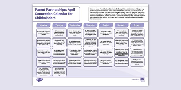 Parent Partnerships: April Connection Calendar for Childminders