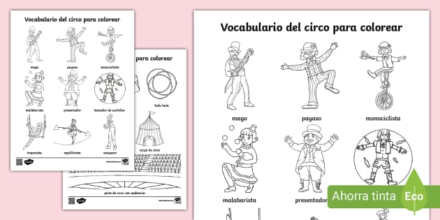 Hoja para colorear: vocabulario del circo - Twinkl