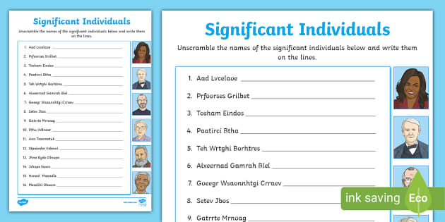 Significant Individuals Word Unscramble Worksheet - Twinkl