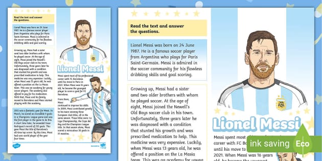Reading Comprehension Homework Week 2 Lionel Messi 3rd/4th Class