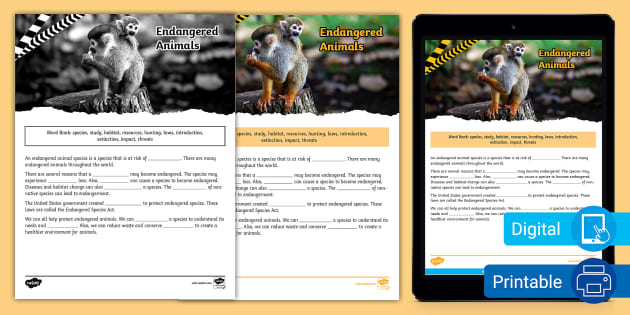 Third Grade Endangered Animals Cloze Reading Worksheet Third Grade Endangered Animals Cloze Reading Worksheet