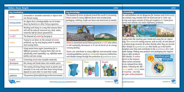 Science Knowledge Organiser: Reduce, Reuse, Recycle LKS2
