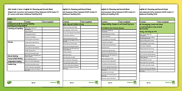 SID: Grade 4 Term 4 English HL Planning and Record Sheet