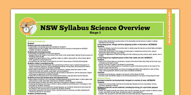 FREE Australia NSW Syllabus Science Stage 1 Overview Australia