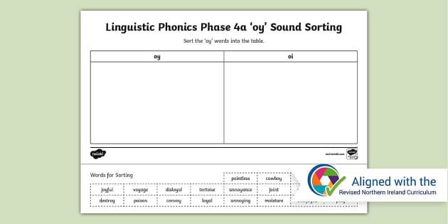 NI Linguistic Phonics 4a 'oy' Sound Sorting Activity Sheet NI Linguistic Phonics 4a 'oy' Sound Sorting Activity Sheet