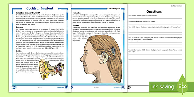 Invention of the Cochlear Implant Worksheet (Teacher-Made)