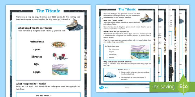 KS1 The Titanic Disaster Differentiated Reading Comprehension Activity