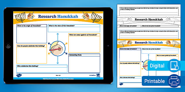 Research Hanukkah Graphic Organizer & Writing Template for 6th-8th Grade