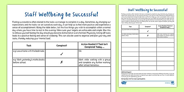 Staff Wellbeing Being Successful Worksheet for Teachers