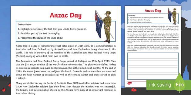 ANZAC Day Paraphrasing Worksheet (teacher made) - Twinkl