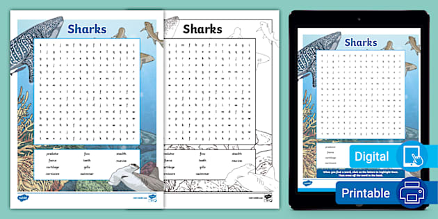 Shark Word Search Printable for 3rd-5th Grade | Twinkl USA