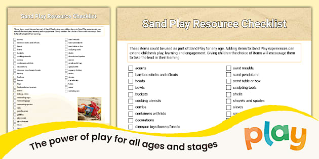 Play for All Ages - Sand Play Resource Checklist Adult Ideas