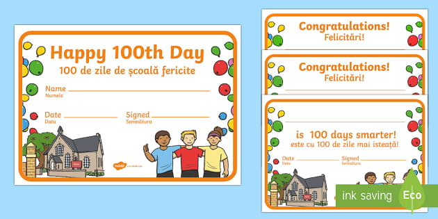 100 Days of School Certificates English/Romanian - Twinkl