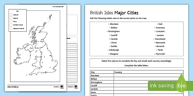 British Isles Major Cities Map Worksheet / Worksheet