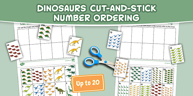 Dinosaurs-Themed Cut and Stick Number Ordering Worksheet