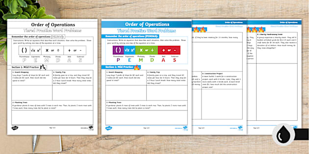 Order of Operations Tiered Practice: Word Problems - Activity Sheet