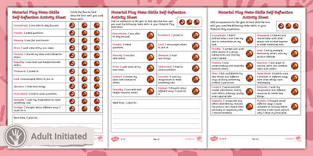 Material Play Meta-Skills Self-Reflection Activity Sheets