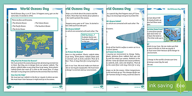 World Oceans Day Differentiated Reading Comprehension Ages 5-7