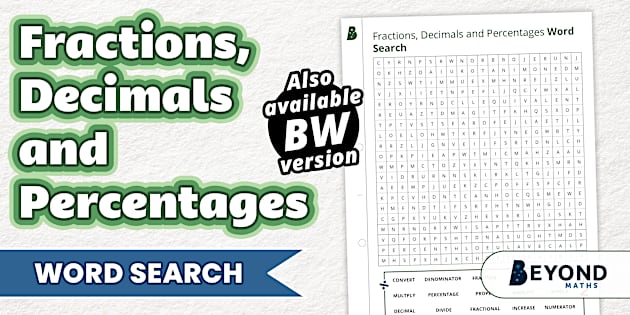 Fractions, Decimals & Percentages Word Search