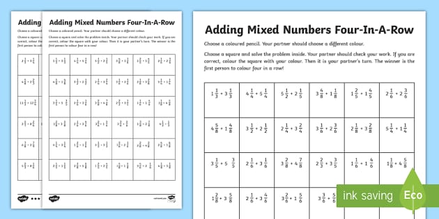 * NEW * Adding Mixed Numbers 4-in-a-Row Game - mixed numbers, adding mixed
