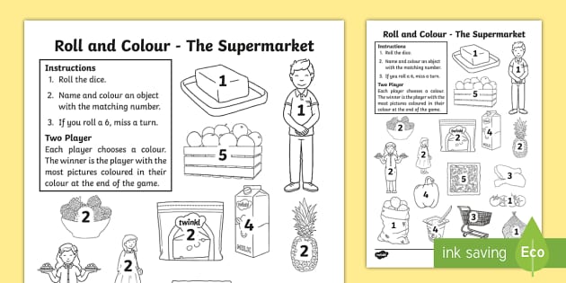 The Supermarket Aistear Roll and Colour Worksheet - Twinkl