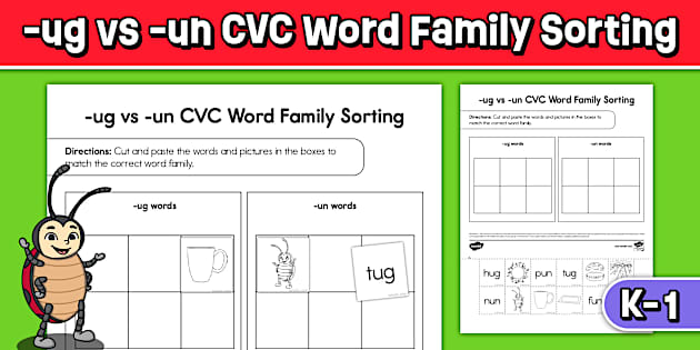 -ug vs -un CVC Word Family Sorting Worksheet for K-1st Grade