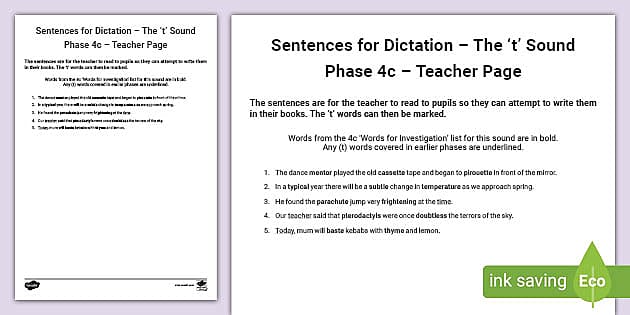 Linguistic Phonics Phase 4c 't' Dictation Sentences Teacher Worksheet