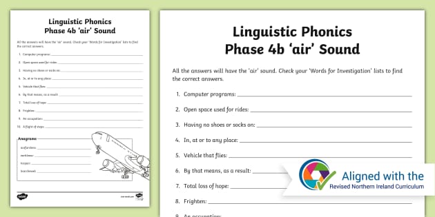 air Word Worksheet - NI Phase 4b Phonics (teacher made)