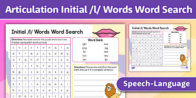 Articulation Initial /l/ Words Word Search for SLP