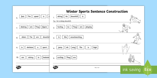 Winter Sports Sentence Construction Worksheet