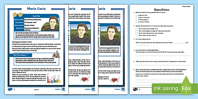 UKS2 Marie Curie Differentiated Reading Comprehension Activity