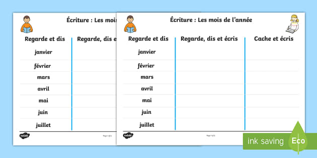 Feuille d'activités : Écriture - Les mois de l'année