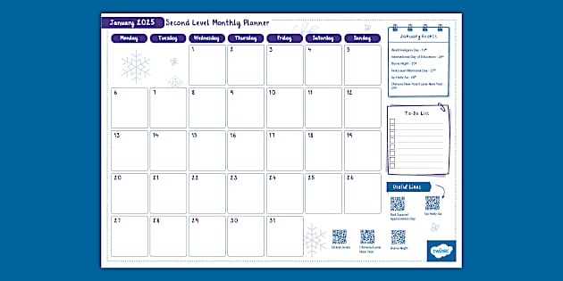 January Second Level Teacher A3 Doodle Month to View Planner
