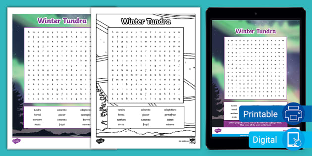 Winter Tundra Word Search for 3rd-5th Grade - Twinkl
