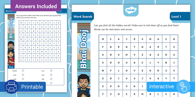 Bhai Dooj Word Search – L1 – Twinkl – Kids Puzzles