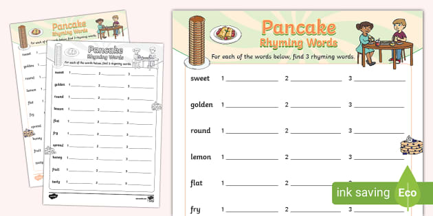 Pancakes Three Rhyming Words Worksheet - Twinkl