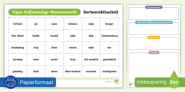 Tipes Selfstandige Naamwoorde Aktiwiteit | Twinkl ZA