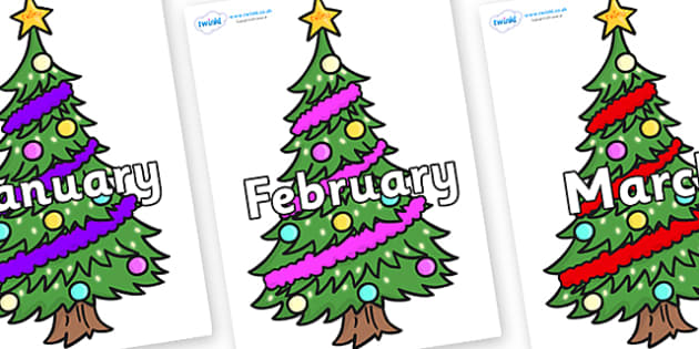 Months of the Year on Christmas Trees (Decorated) - Twinkl