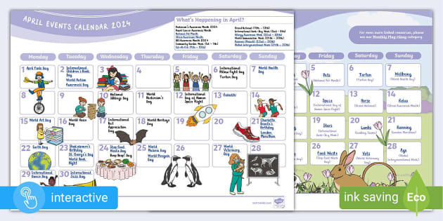 April Events and Play-Along Calendar Pack (2024) - Twinkl