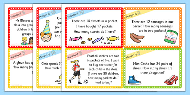 Multiples of 2-5 and 10 Word Problem Challenge Cards - maths