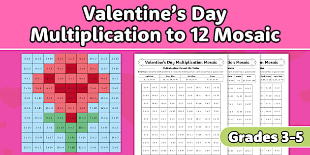 Valentine's Day Multiplication to 12 Math Mosaic Worksheets