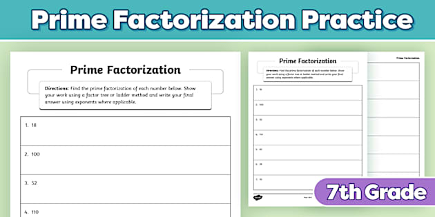 Seventh Grade Math Basic Skills Prime Factorization Practice Worksheet