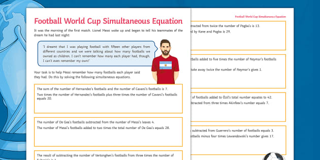 Football World Cup Simultaneous Equations Challenge Cards