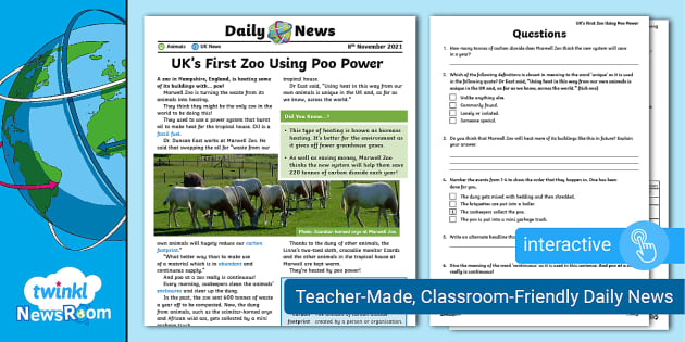 News Story and Questions for Kids 9-11: Zoo Using Poo Power