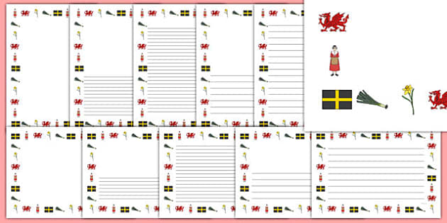 Taflenni gyda Borderi Dydd Gŵyl Dewi/St David's Day Symbols Page Borders