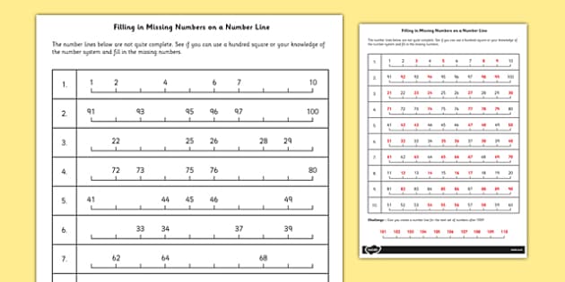 Filling In Missing Numbers On A Number Line Worksheet