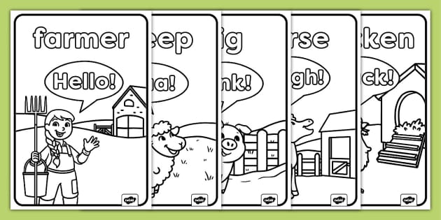 Farm Animals and Their Sounds Picture and Word Colouring Pages