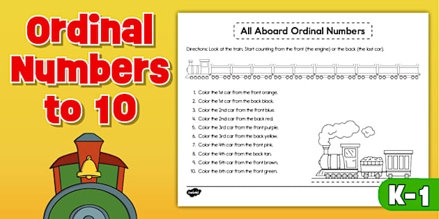 Ordinal Numbers To 10 Train Worksheet for K-1st Grade