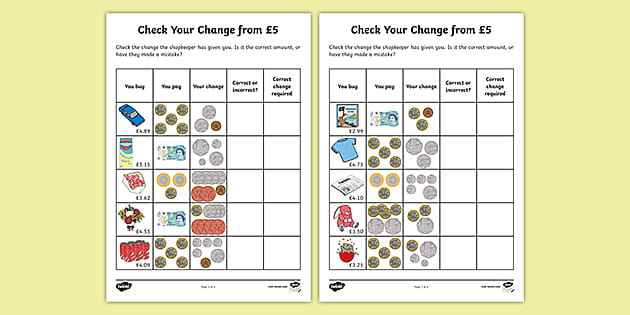 Check Your Change From £5 Worksheet - Twinkl