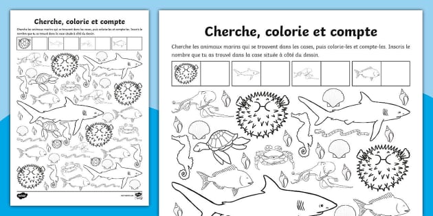 Fiche de numération, compter et colorier : Les fonds marins